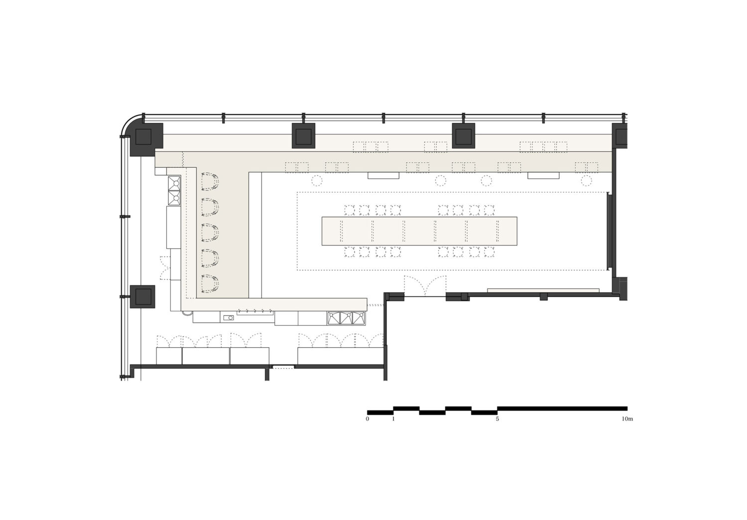 ODS / 鬼木孝一郎による、東京・墨田区の、社屋内ラウンジ「Asahi Terrace」。特徴的な外観で知られる建築内に計画。水平連続窓からの景色を楽しめる空間を目指し、窓高に揃えたベンチ等 ...