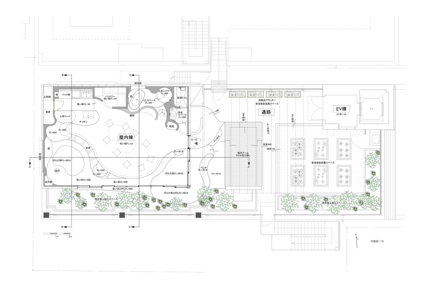 竹中和哉 / 空-KEN design officeによる、大阪市の、多目的スペース「ソソラソウ」。企業ビルの最上階の一角にある交流と発信の場。与件の屋外からのアクセスを活かし、内外も繋げる ...