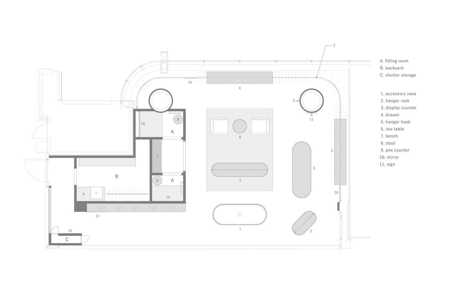 トラフ建築設計事務所による、東京・港区の店舗「CABaN AZABUDAI」。麻布台ヒルズの中の広場を見渡せる角の区画。眼前の風景を活かす為、諸機能をコンパクトにまとめて開口部の前に“大きな ...