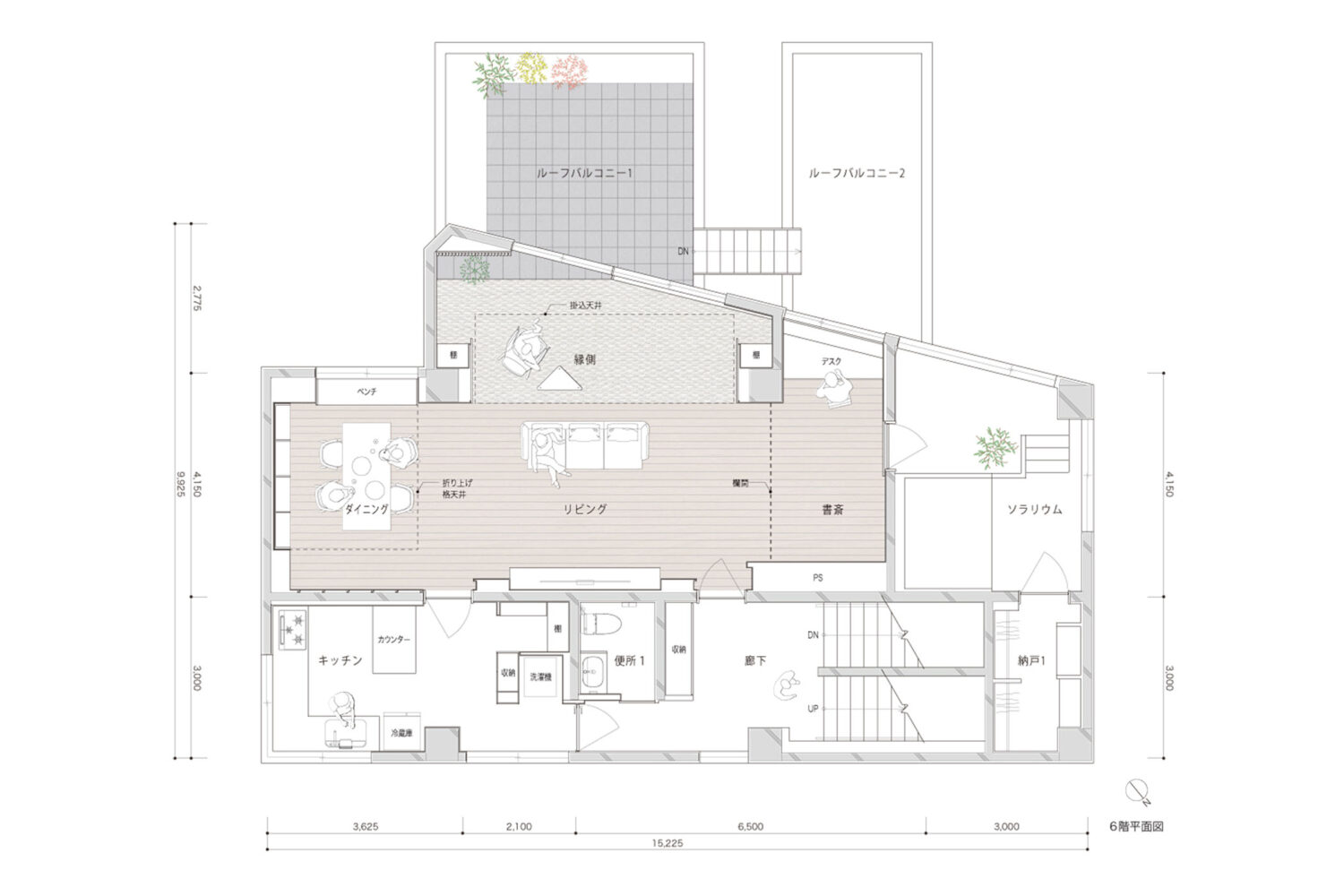 茂木哲 / nagomによる、東京・港区の住戸改修「ジャパンディスタイルの家」。外国の方の賃貸入居を想定した計画。“日本らしさ”も備えた住まいを目指し、日本建築の“天井面で空間の格式を示す ...